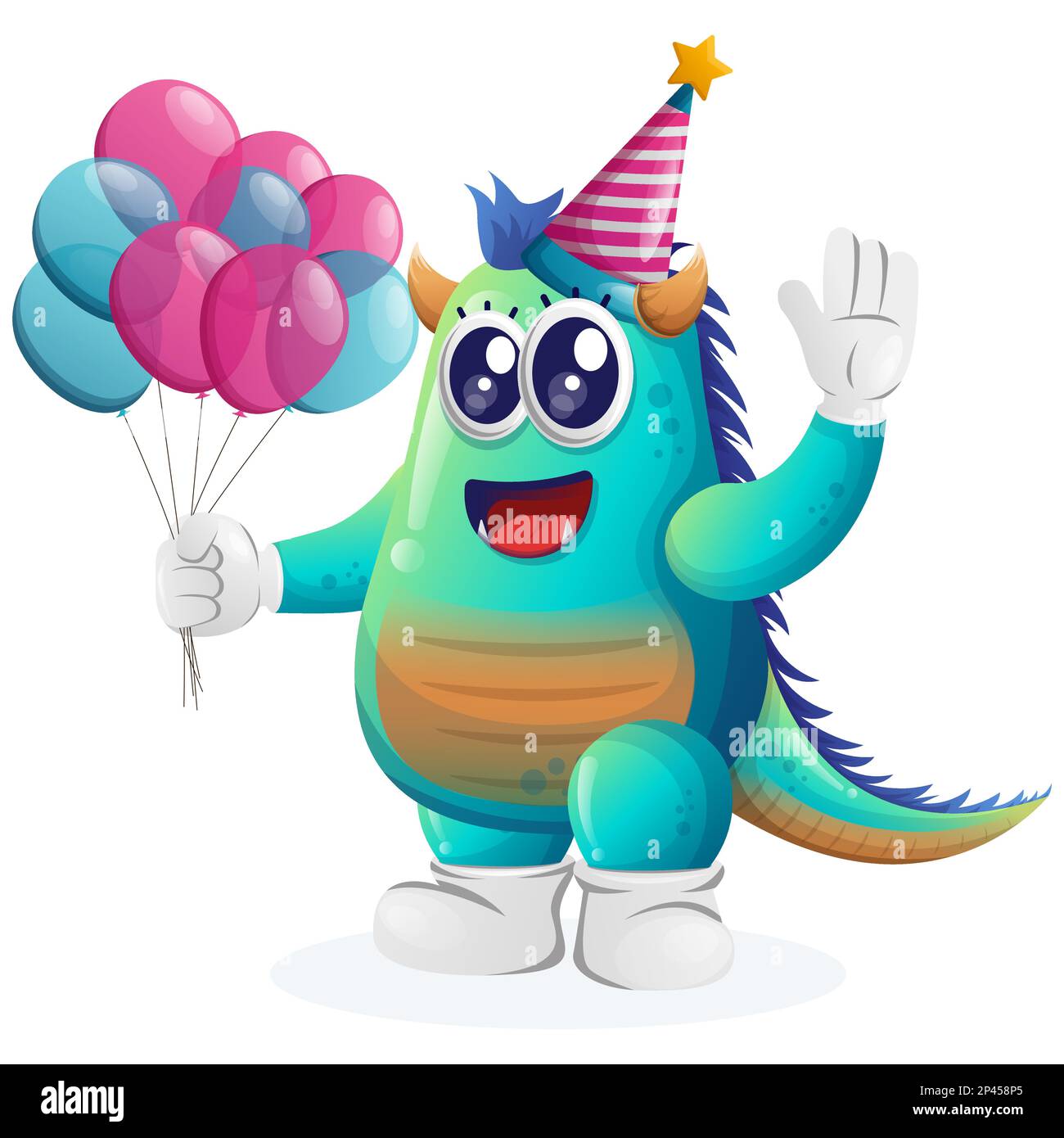 Cute blue monster wearing a birthday hat, holding balloons. Perfect for ...