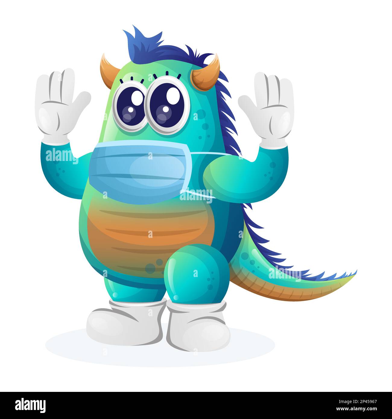 Cute blue monster wearing medical mask, protect from covid-19. Perfect ...