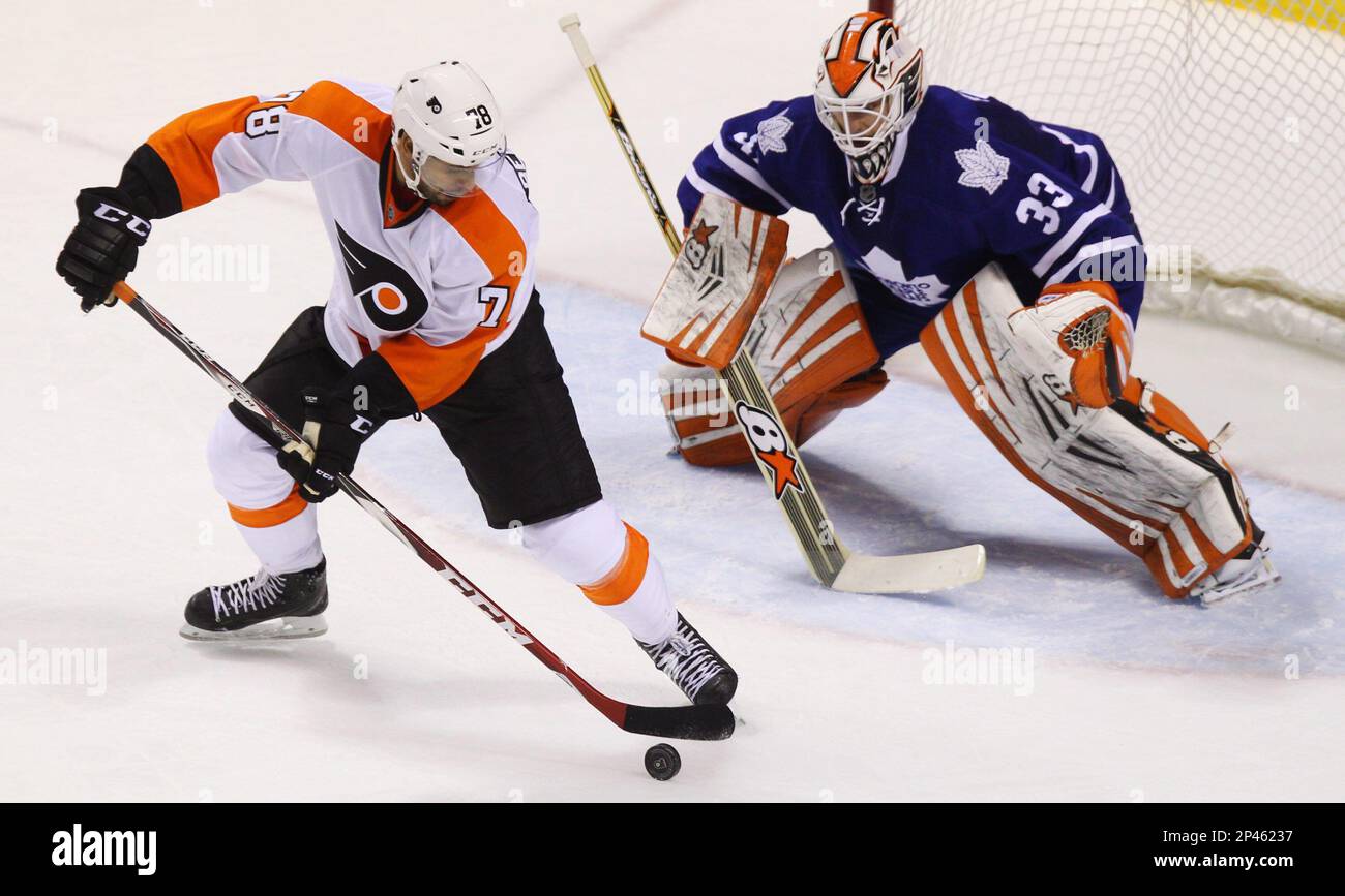 Pierre-Edouard Bellemare of the Philadelphia Flyers shoots a backhand ...