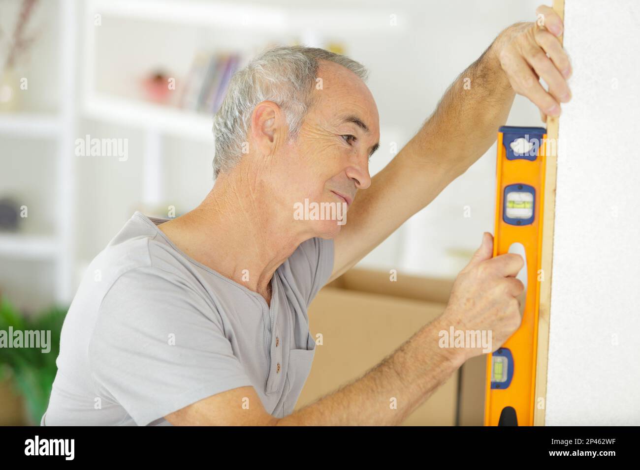 senior man measuring wall with construction level Stock Photo - Alamy