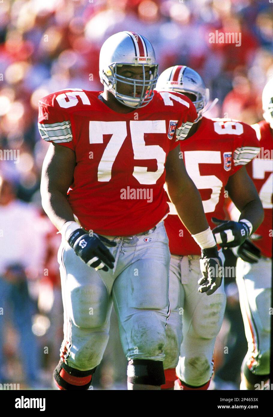 Ohio State University offensive lineman Orlando Pace (75) sets for play ...
