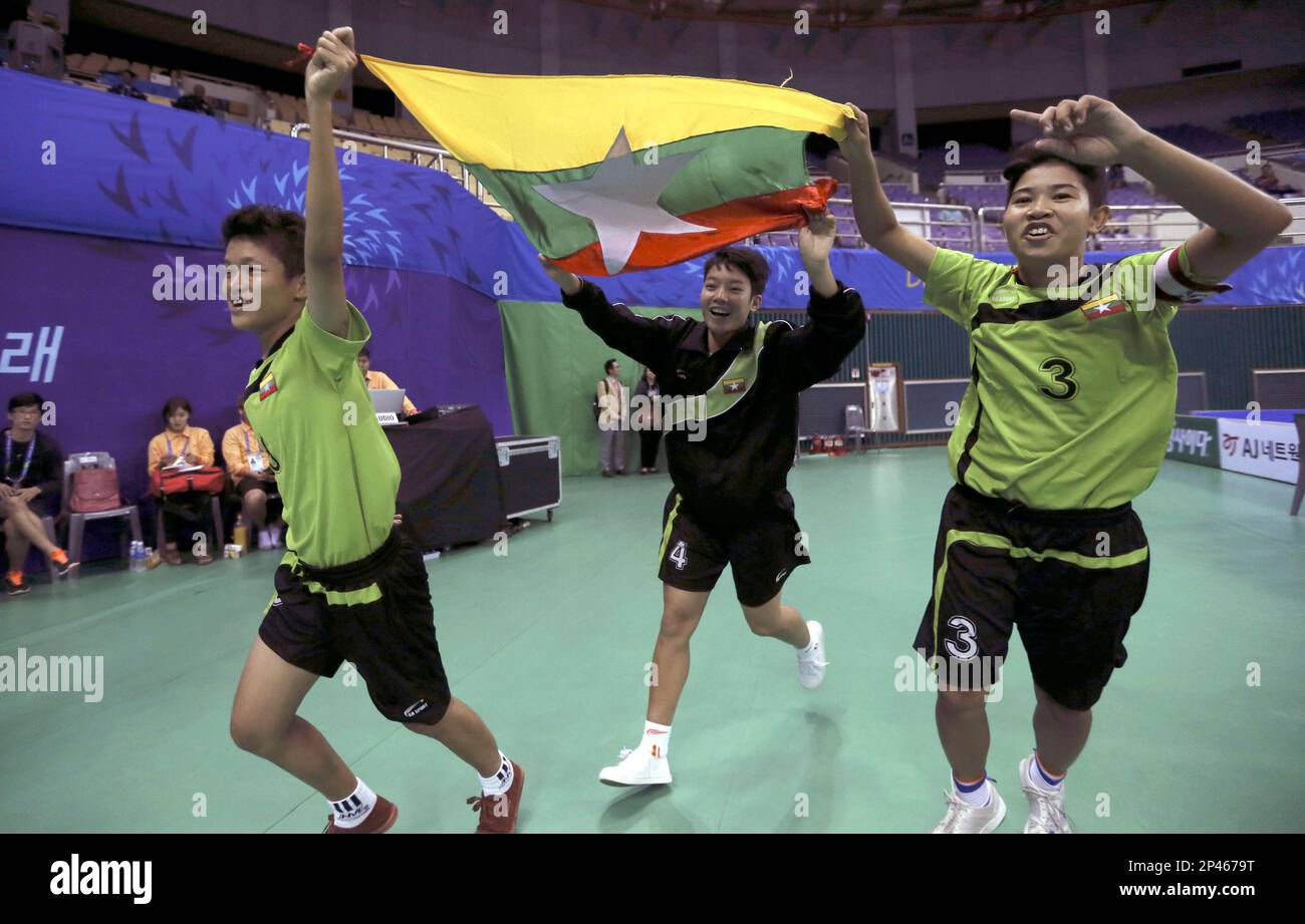 Myanmar's Kyu Kyu Thin, right, Khin Hnin Wai, center, and Phyu Phyu ...