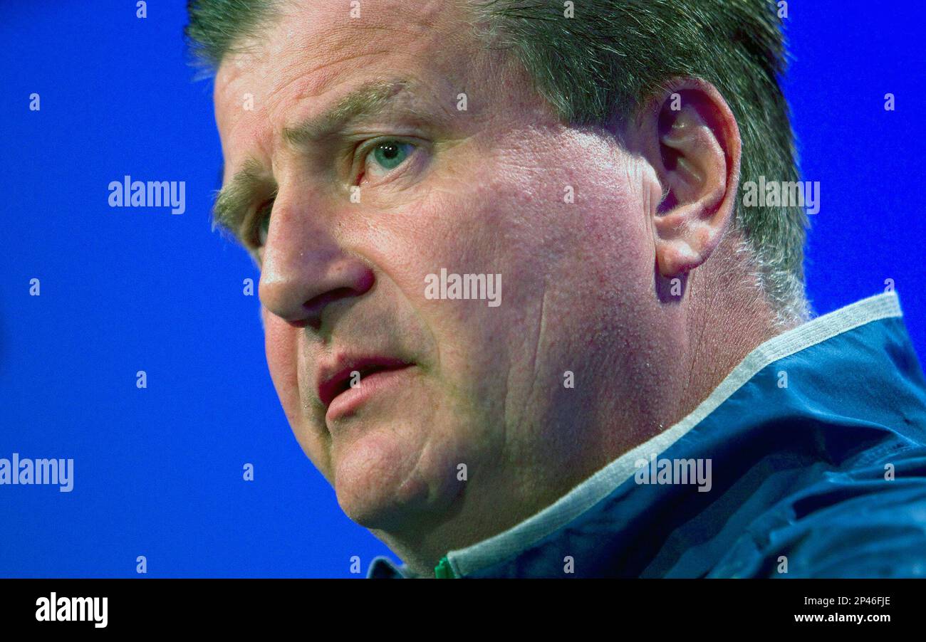 Vancouver Canucks general manager Jim Benning talks to media during the ...