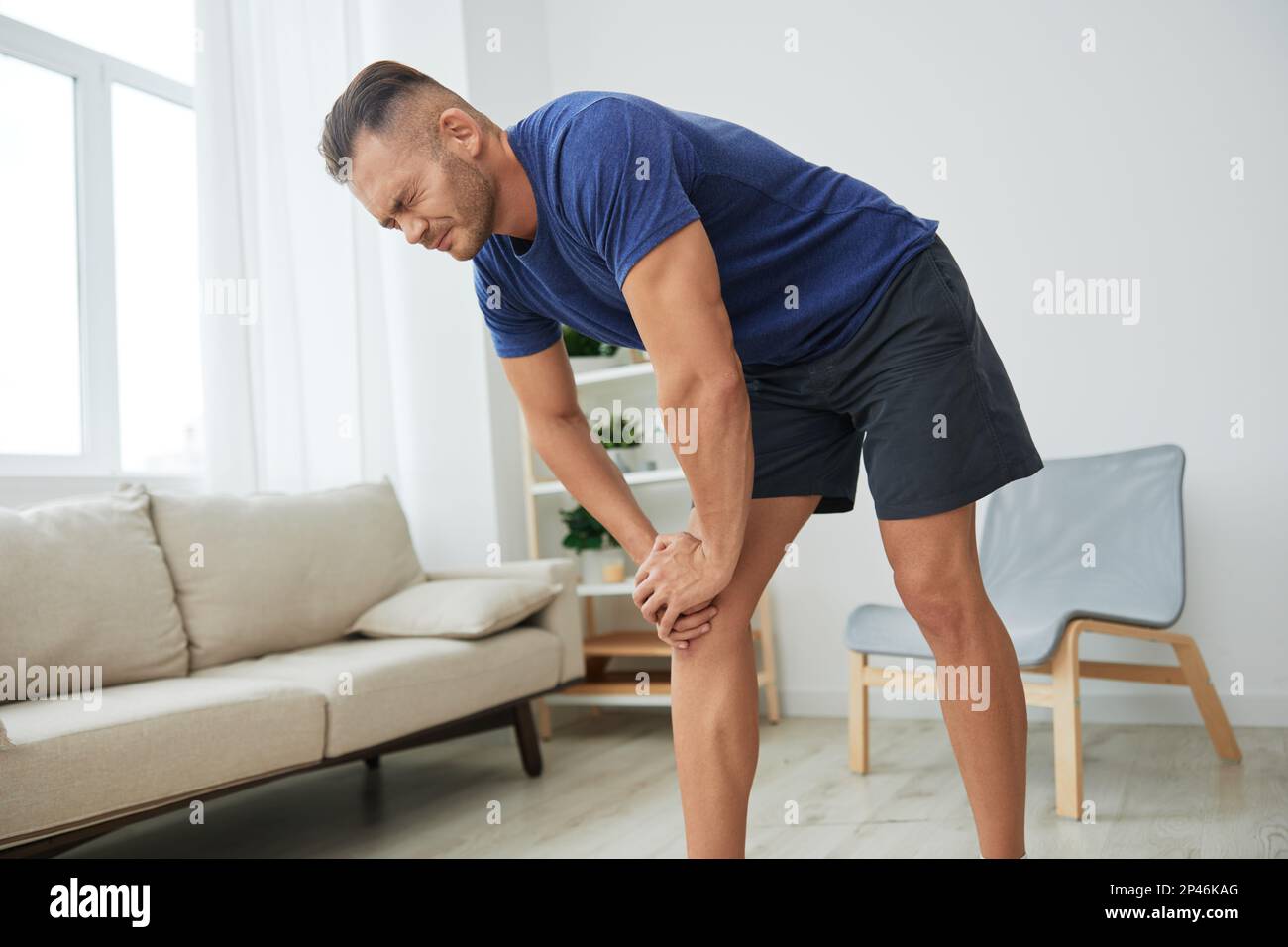 Man leg pain from exercising at home, workout injury, muscle and ...