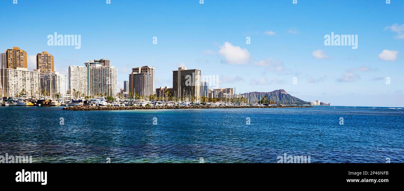 Skyline view of Ilikai Harbor and Honolulu, Hawaii looking towards ...