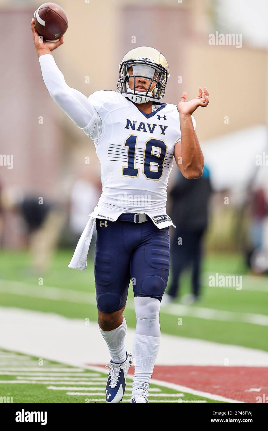 Navy quarterback Tago Smith (18) warms up before NCAA Football game ...