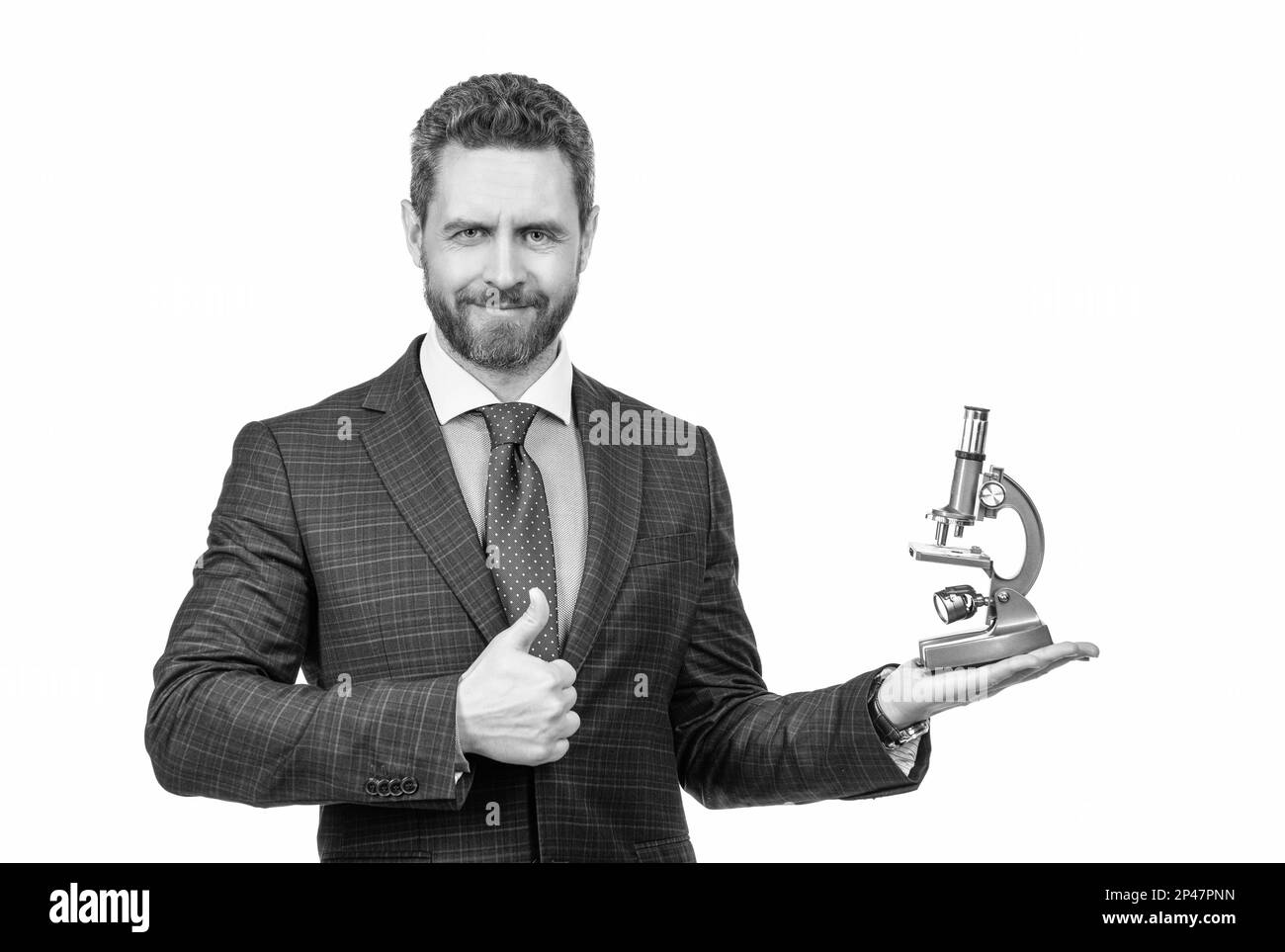 man in suit presenting modern microscope isolated on white show thumb ...