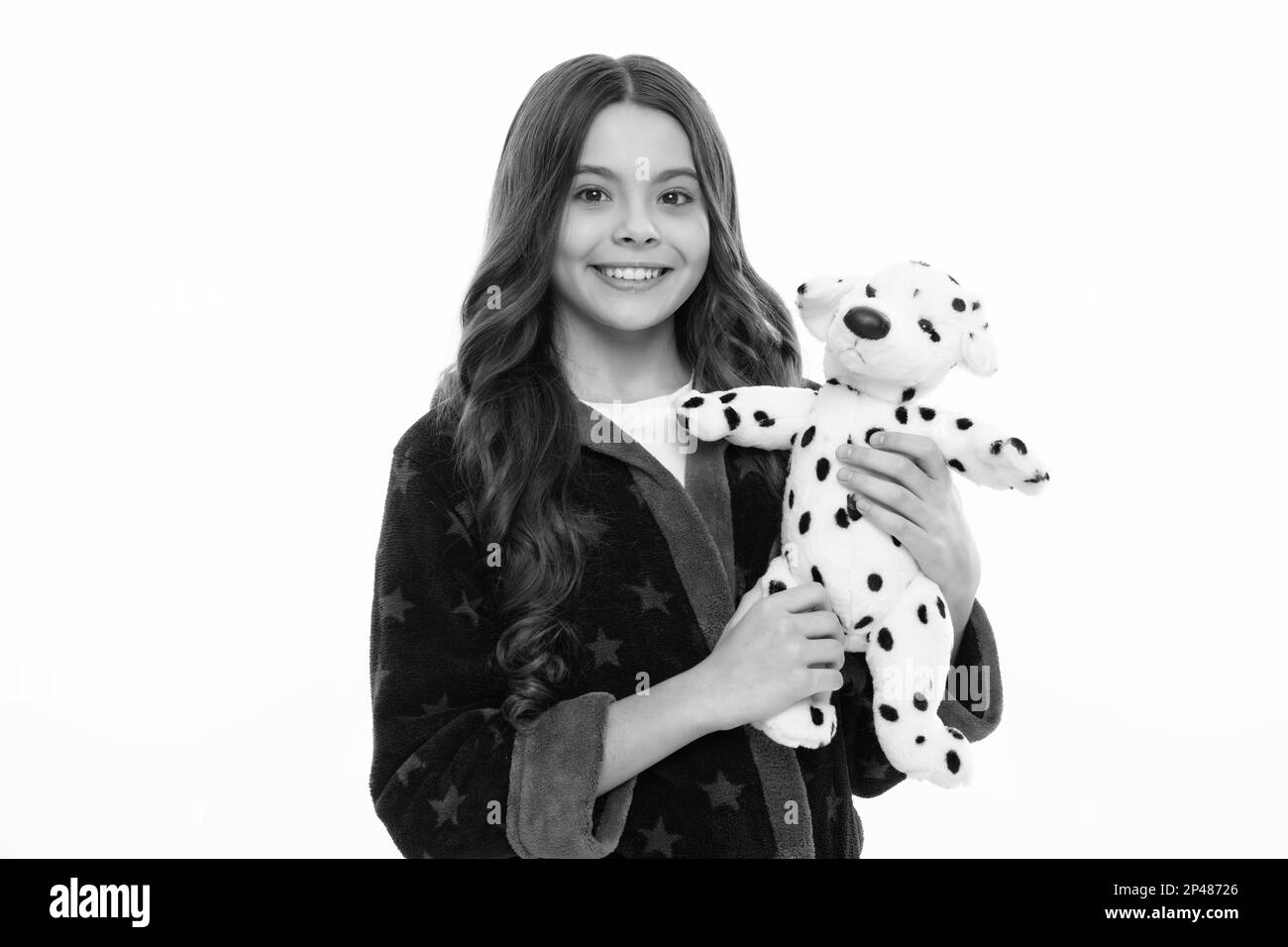 Teenager child girl in holding plush toy isolated on white background ...