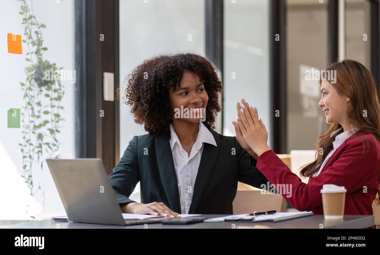 Happy smiling businessman feel happy work complete Teamwork success at ...