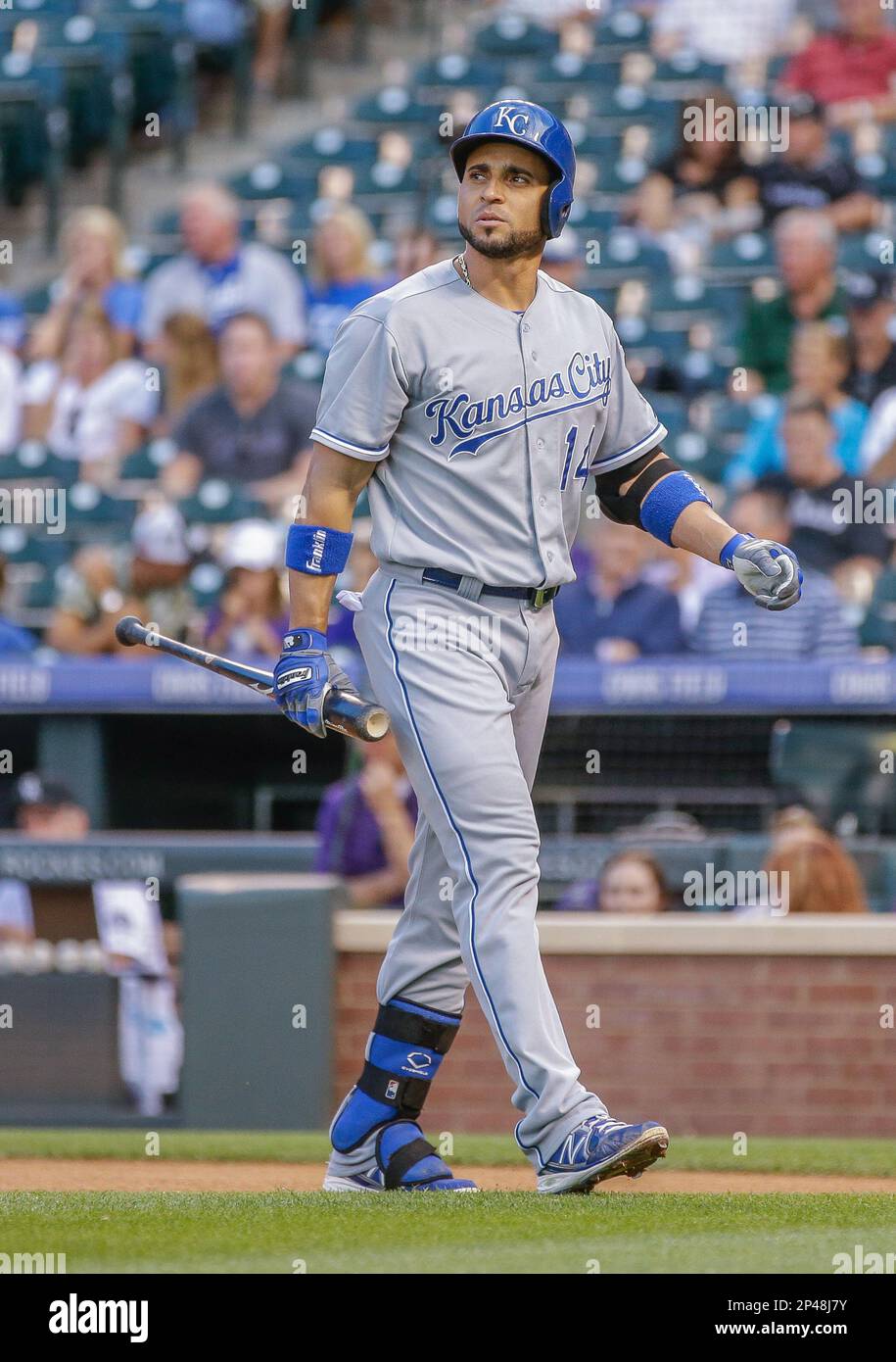 Kansas City Royals second baseman Omar Infante (14) heads to the dugout ...