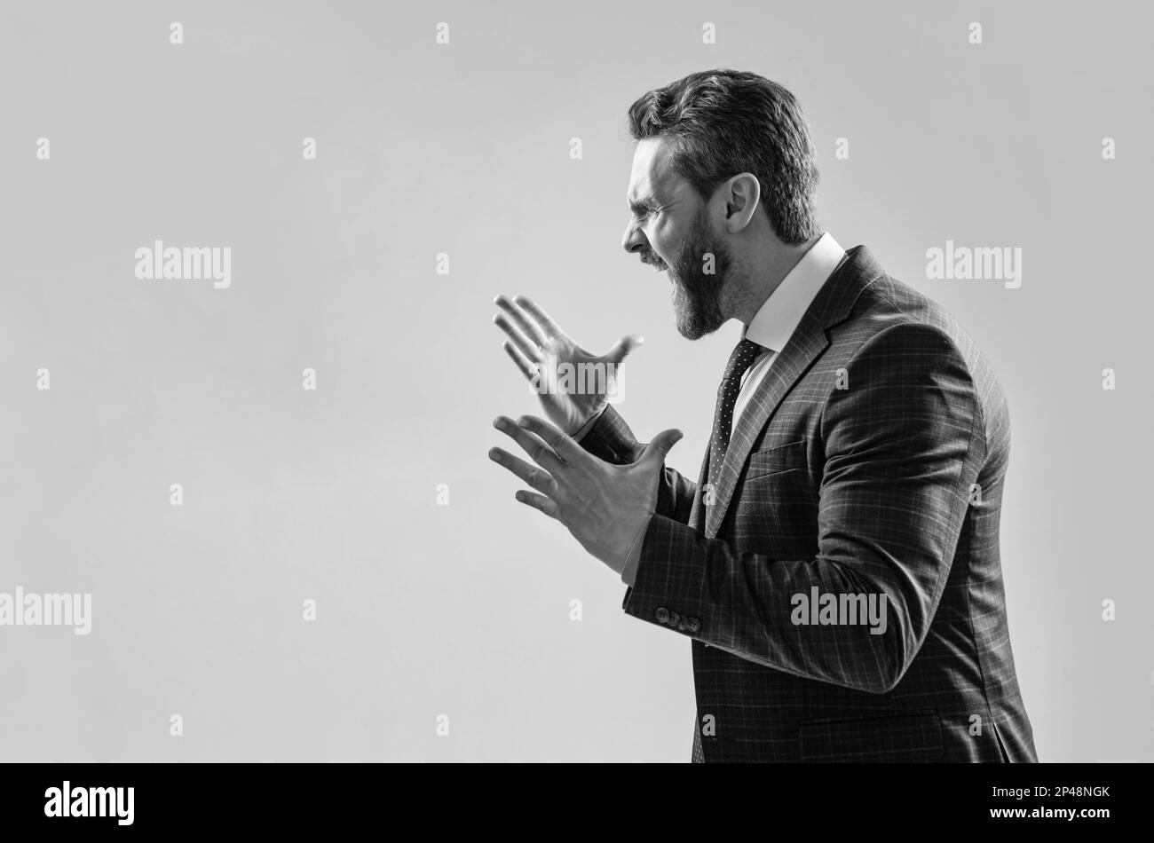 Distressful experience. Angry boss scream making wide gesture ...