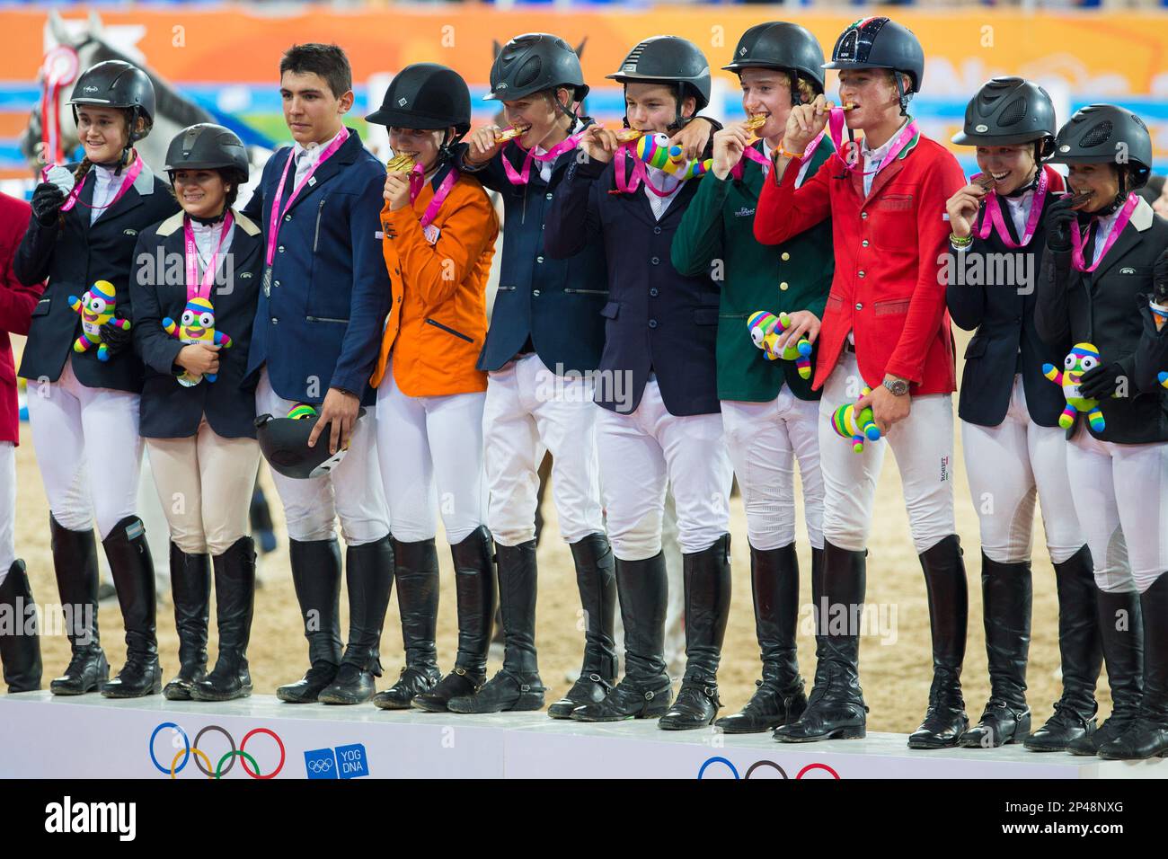 Equestrians of Europe pose with their gold medals at the award ceremony ...