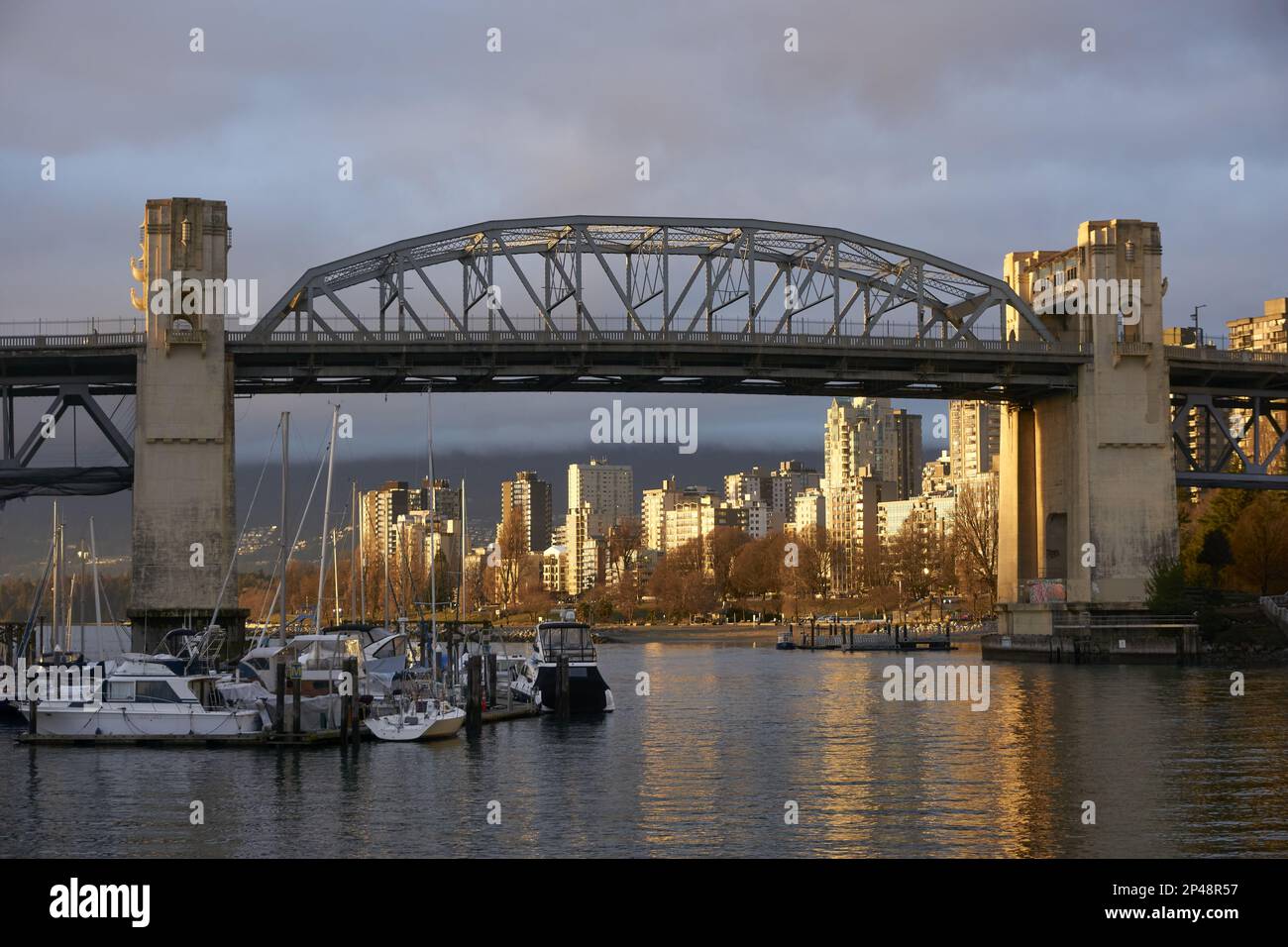 The Burrard Bridge at the entrance to False Creek at sunset, Vancouver ...