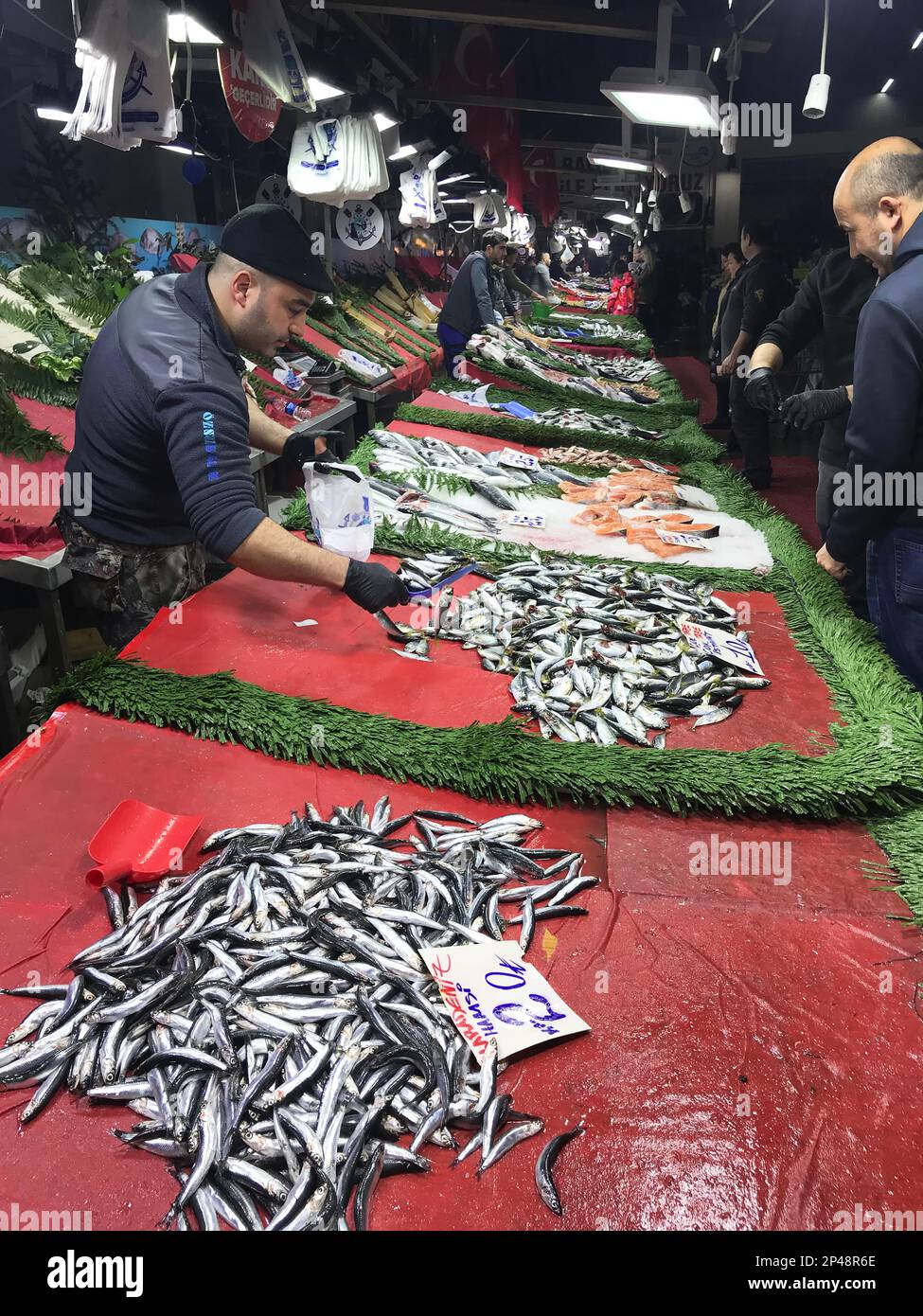 ISTANBUL, TURKEY - DECEMBER 15: Raw fishes on the fish counter on ...