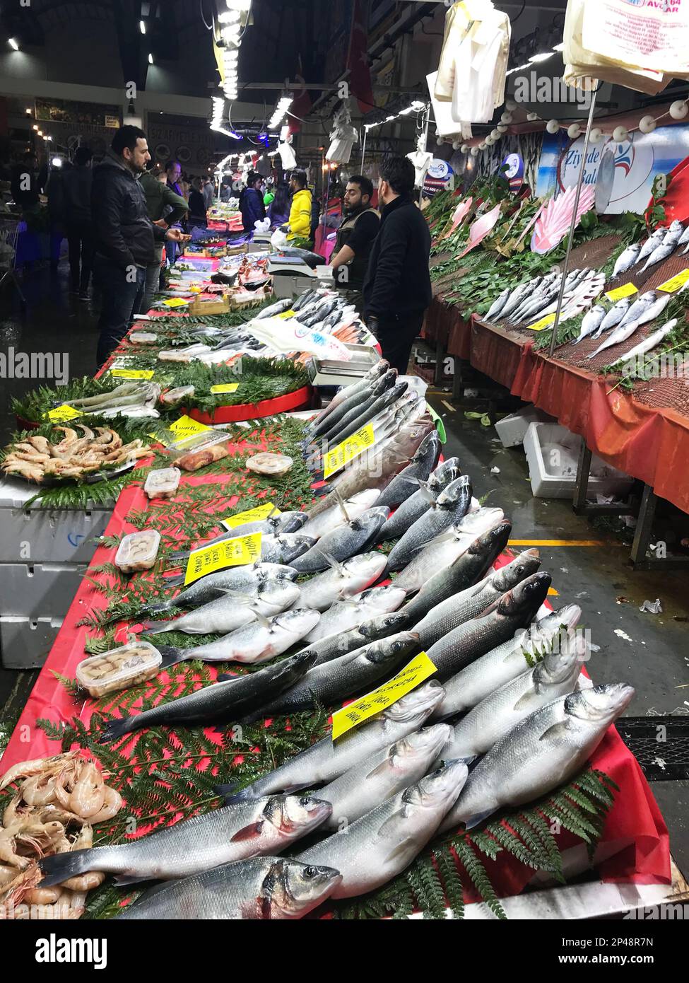 ISTANBUL, TURKEY - JANUARY 26: Raw fishes on the fish counter on ...