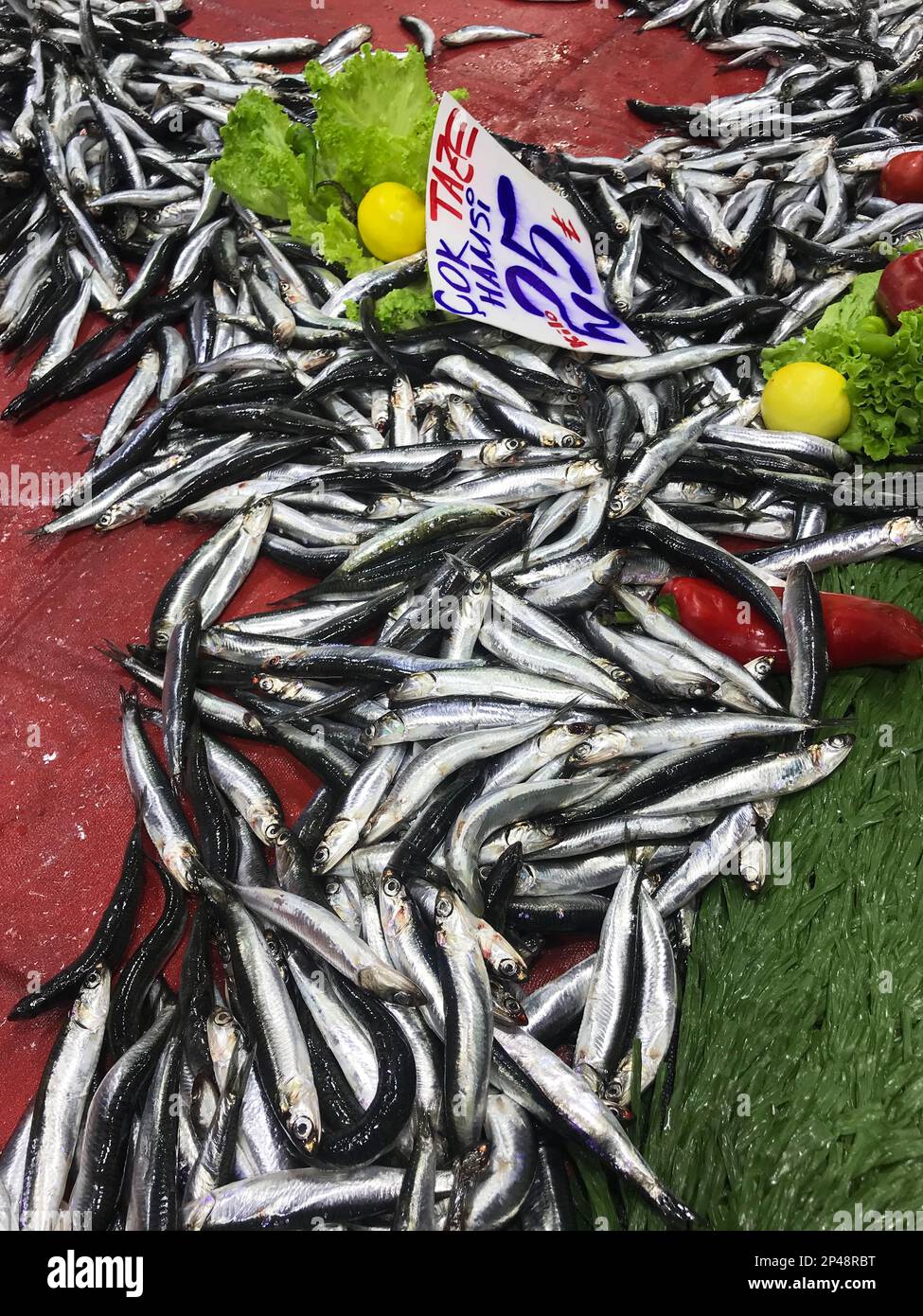 Raw anchovies (Turkish: Hamsi) on the fish counter Stock Photo - Alamy