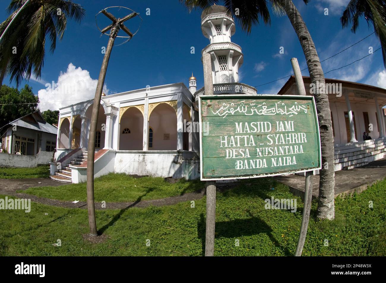 Sign outside mosque, Masjid Jami Hatta Syahrir Desa Nusantara, Banda ...