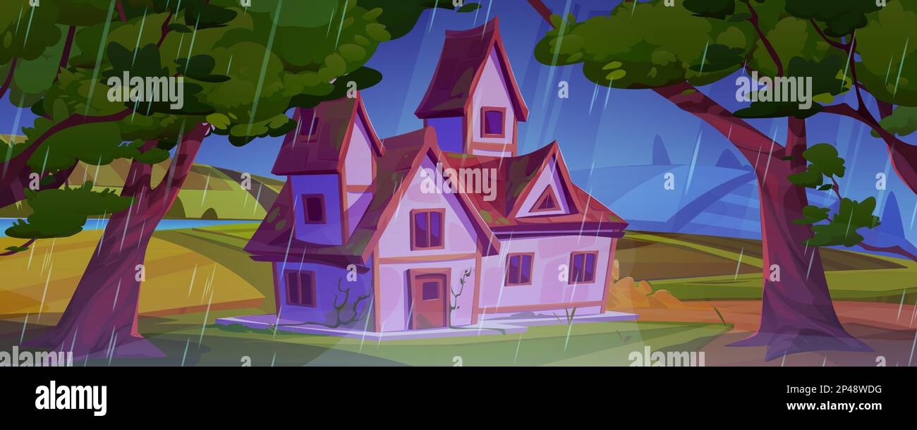 Cartoon rain weather vector background illustration. Dark blue sky ...