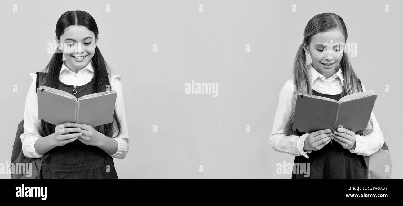 School girls friends. Little children in school uniforms read library ...
