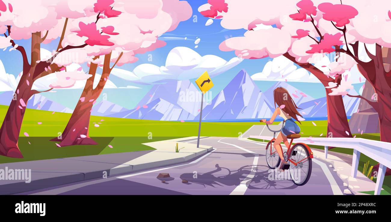 Girl riding bike on japanese road near mountain through sakura forest ...