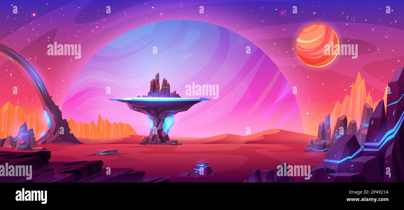 Space game vector background. Fantasy alien planet with red sand. Mars ground surface landscape ...