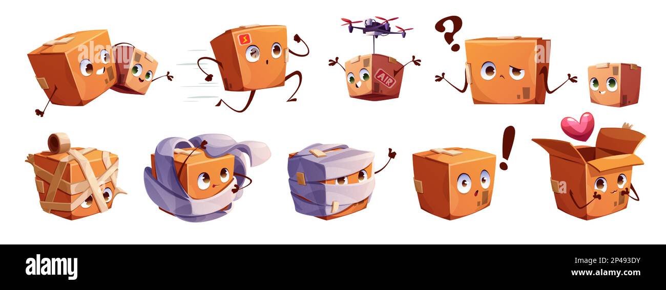 Cartoon set of cute parcel mascots isolated on white background. Vector ...