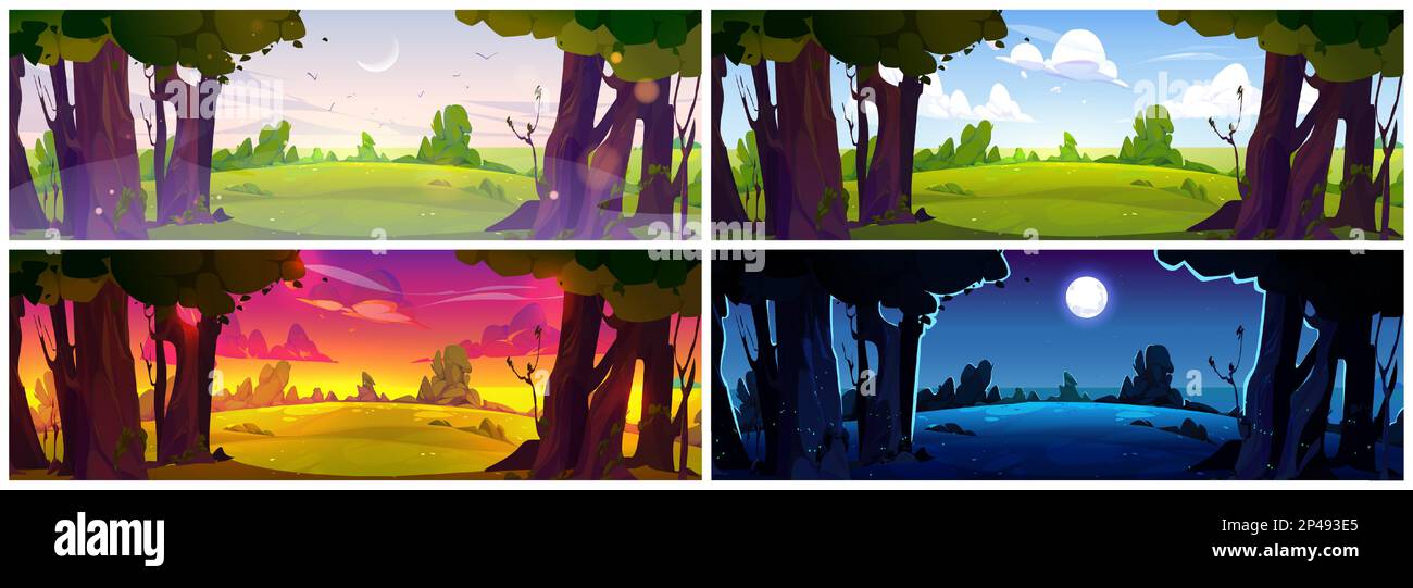 Night, day, morning and evening landscape. Summer countryside with ...