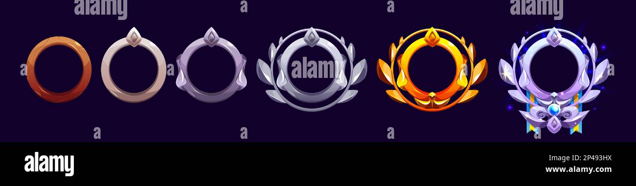 Fantasy medieval frames of game avatars or ranking badges. Empty button ...