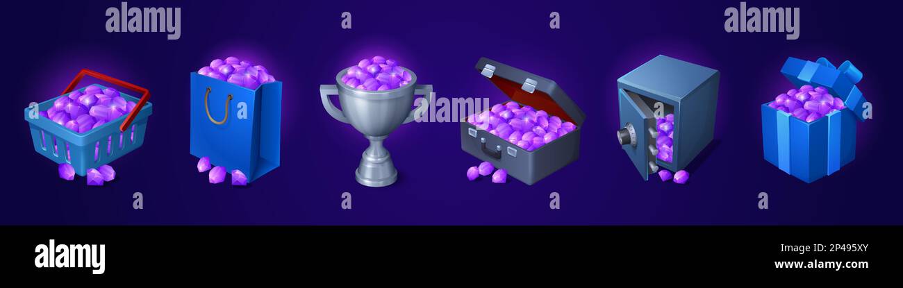 Set of game treasure icons isolated on dark background. Vector ...