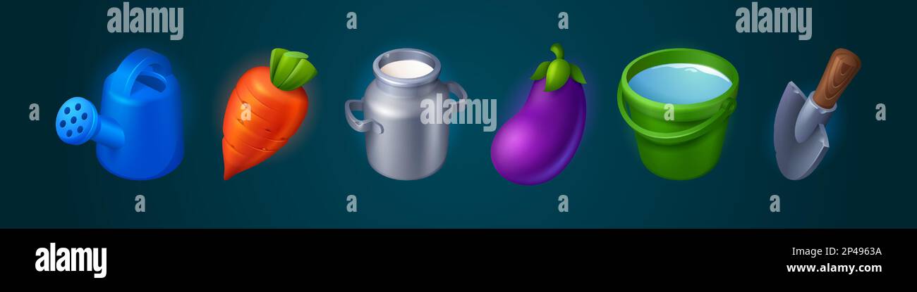 Cartoon set of farm game icons isolated on dark background. Vector ...