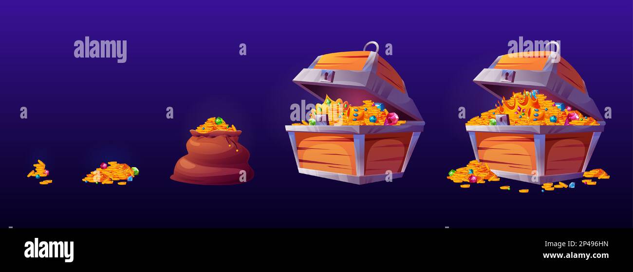 Pirate treasure icons with gold coins, bag and wooden chest. Game ...