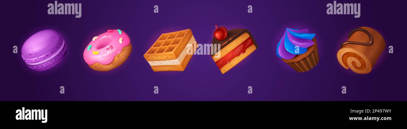 Cartoon set of game cake icons isolated on dark background. Vector ...