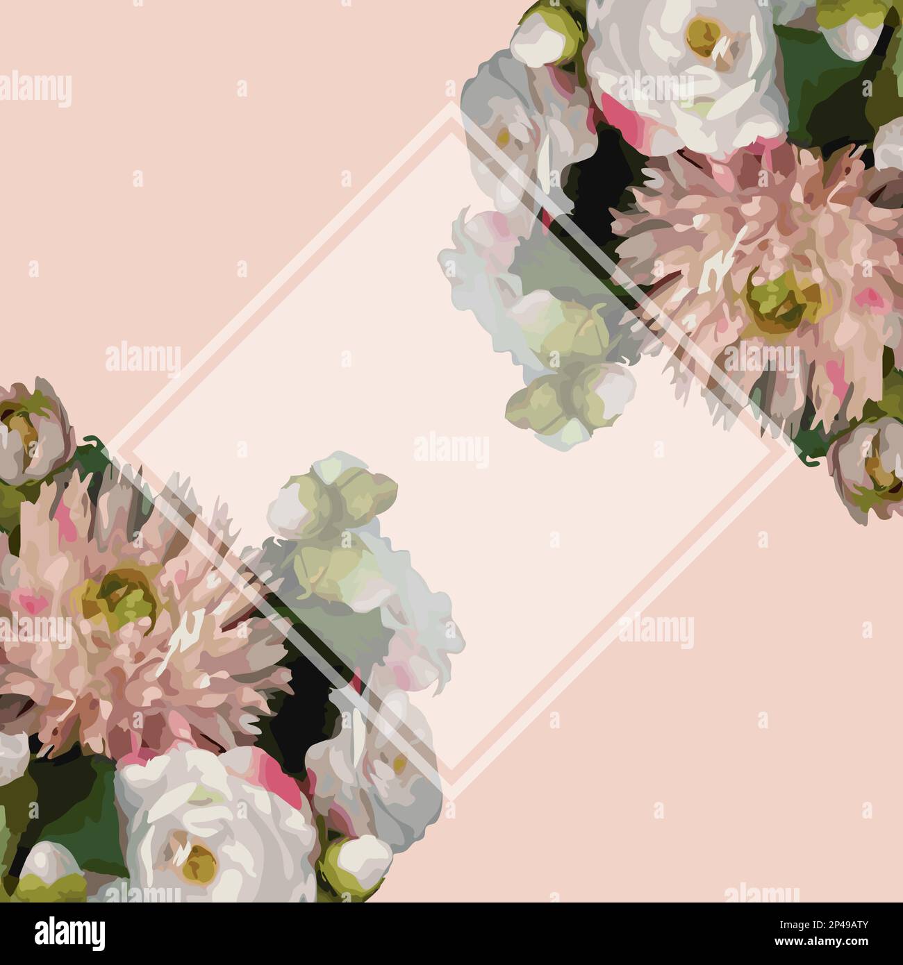 Watercolor 3D realistic romantic flowers bouquet composition peony dahlia rose frame border ...