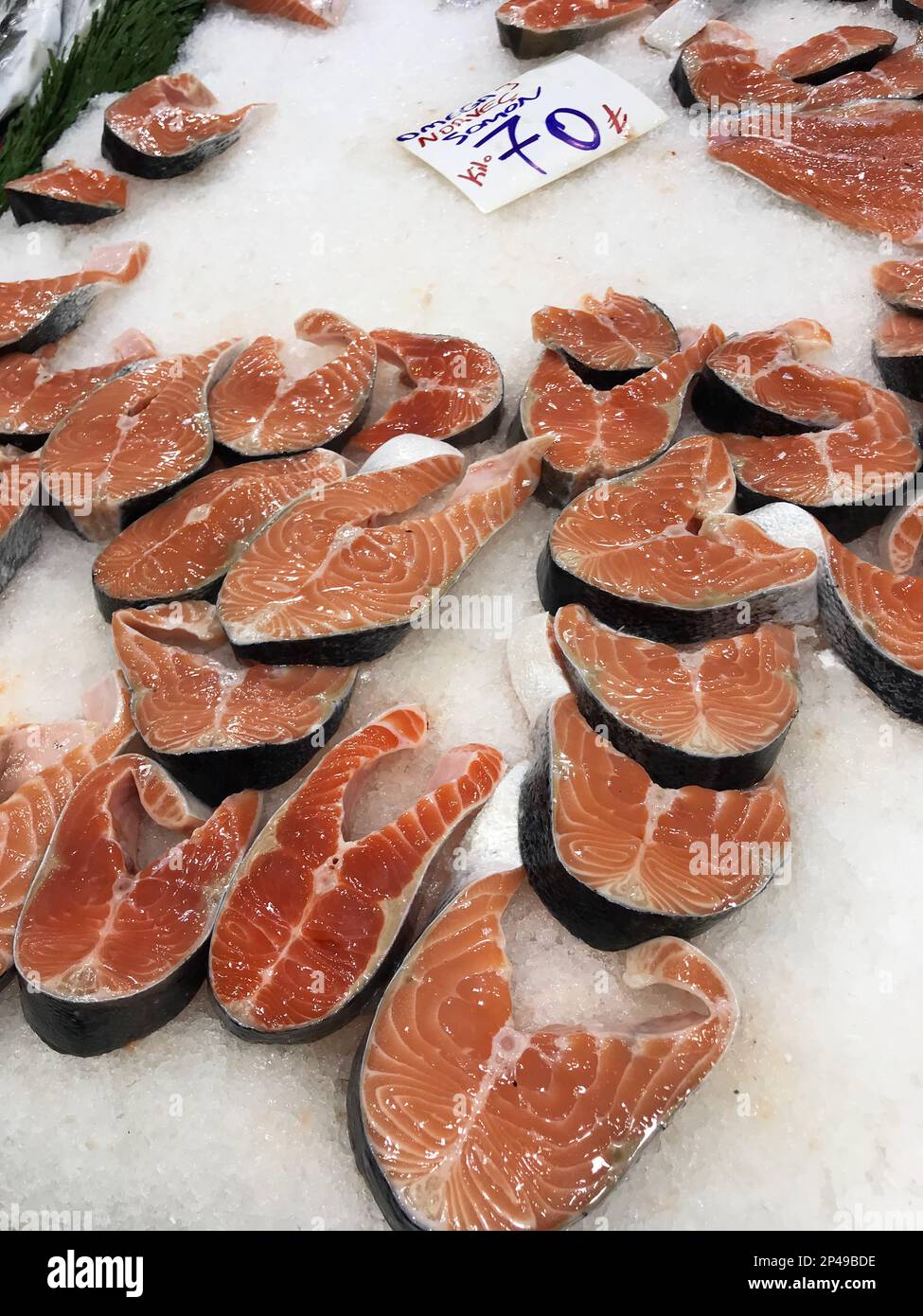 Raw salmon fish (Turkish: Somon) on the fish counter Stock Photo - Alamy
