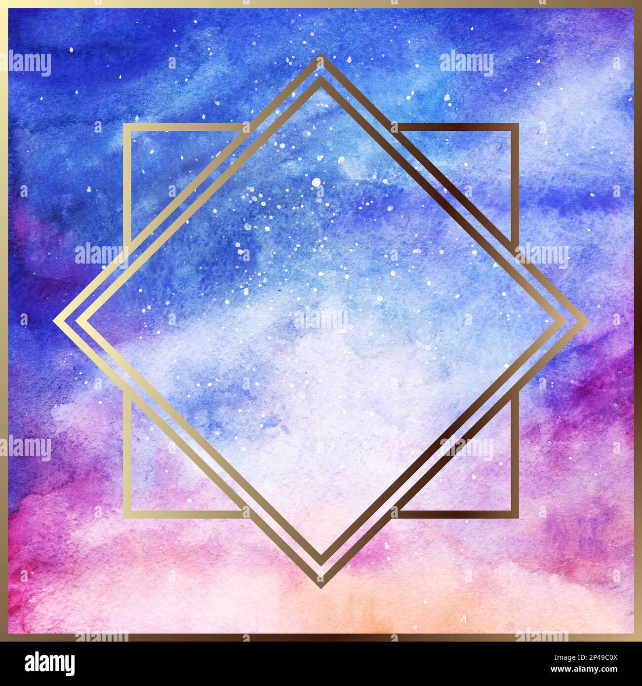 Watercolor starry space galaxy nebula art deco golden geometric frame ...