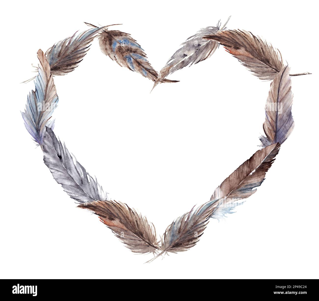 Watercolor brown gray grey blue feather heart shaped frame isolated art ...