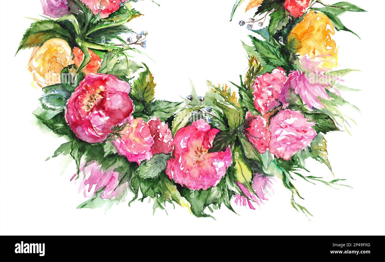 Watercolor flower floral romantic wreath frame illustration Stock Photo ...