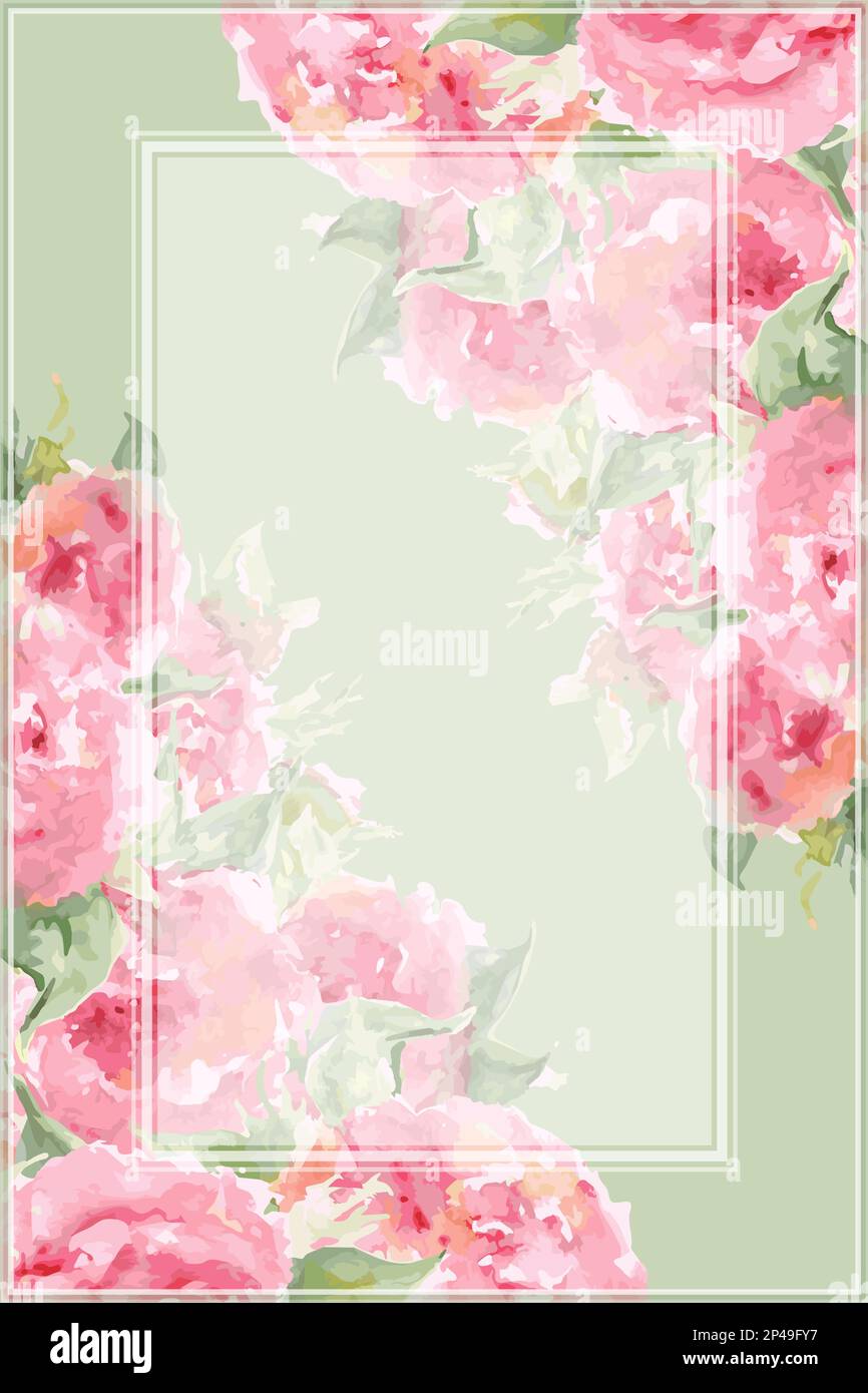 Watercolor pink tea rose peony flower floral composition frame border ...