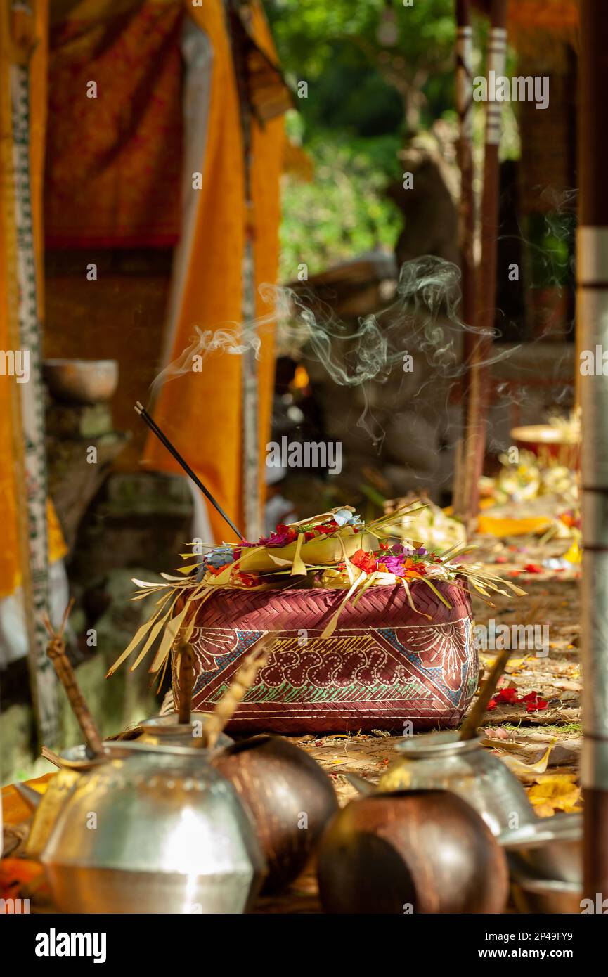 Incense and offerings at Siat Sampian (coconut leaf war) festival, Pura ...