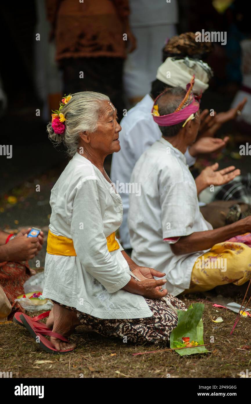 Woman praying at Siat Sampian (coconut leaf war) festival, Pura Samuan ...