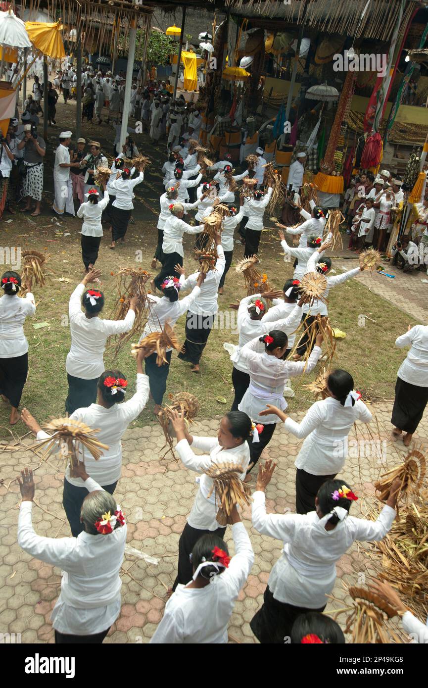 Old women (sutri) with coconut tree leaves in procession during Siat ...