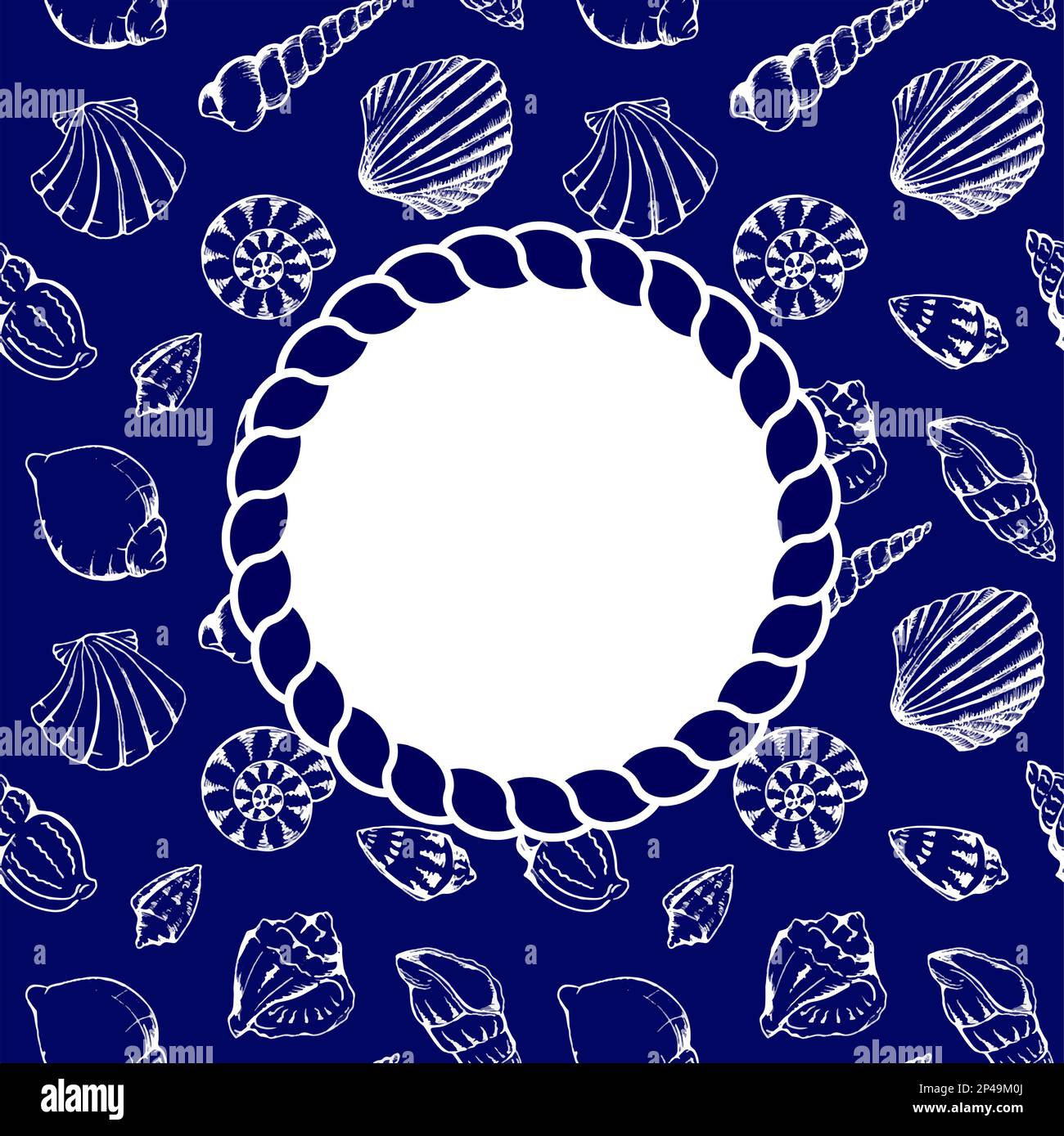 Sea shells navy blue circle rope frame texture background vector Stock ...