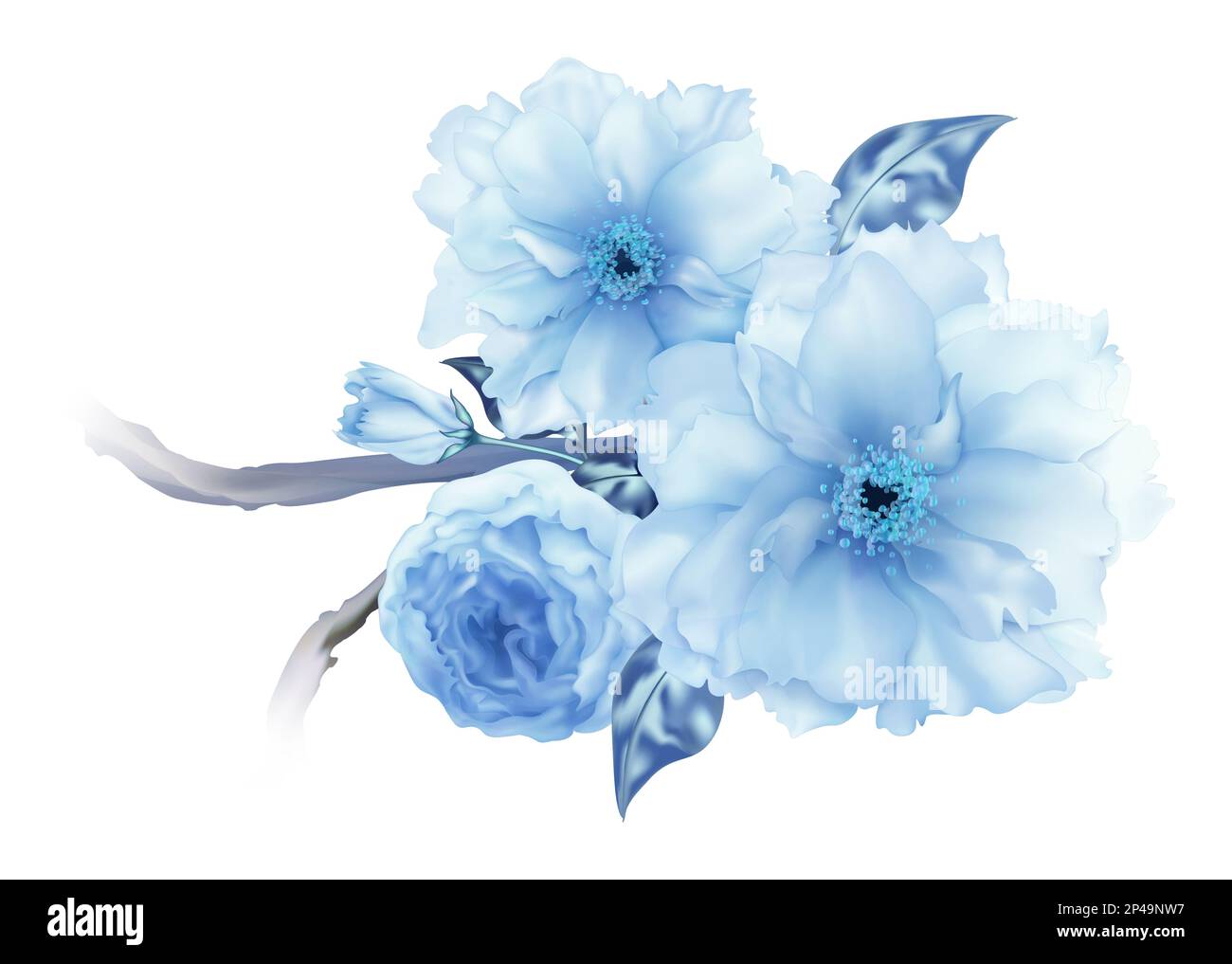 3D realistic blue cherry sakura flower branch digital art isolated ...
