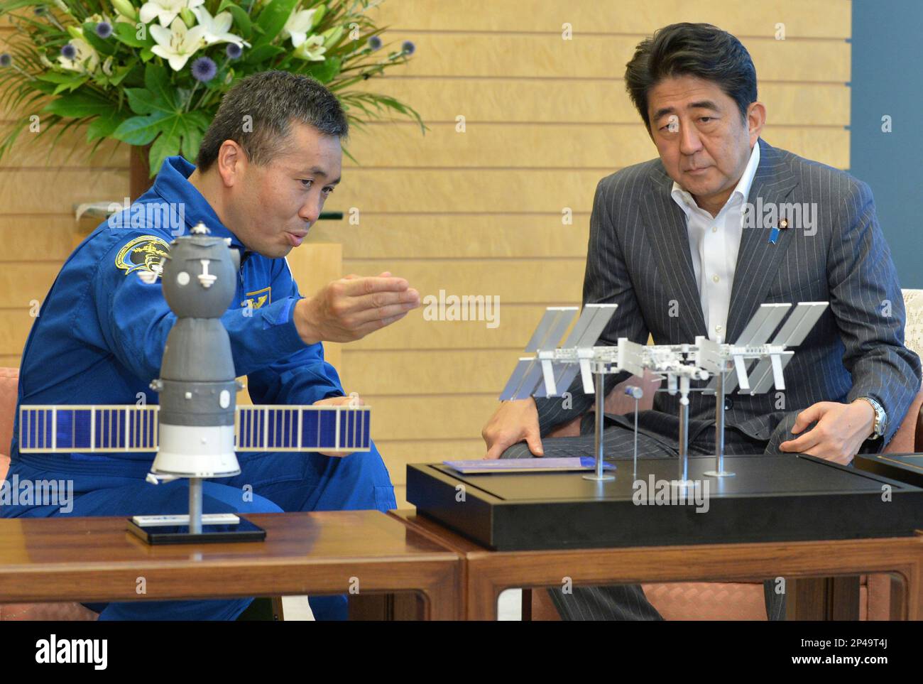 Japanese astronaut Koichi Wakata, left, the first Japanese commander of ...