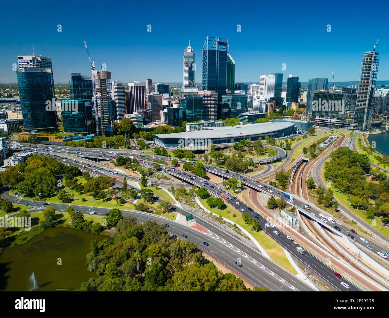 Aerial view of Perth city and highway traffic in Australia Stock Photo ...