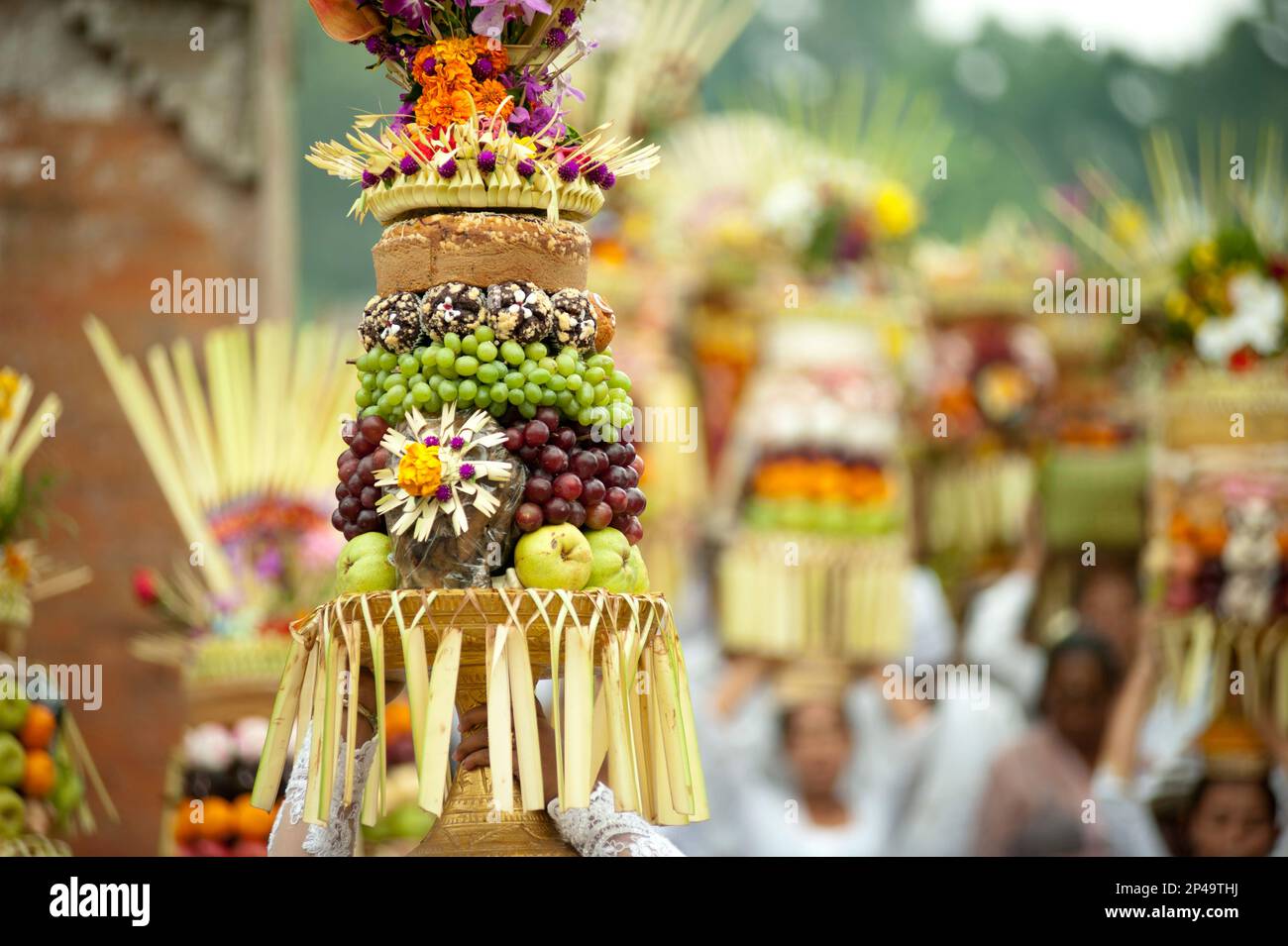 Fruit offerings being carried by women in procession entering temple ...