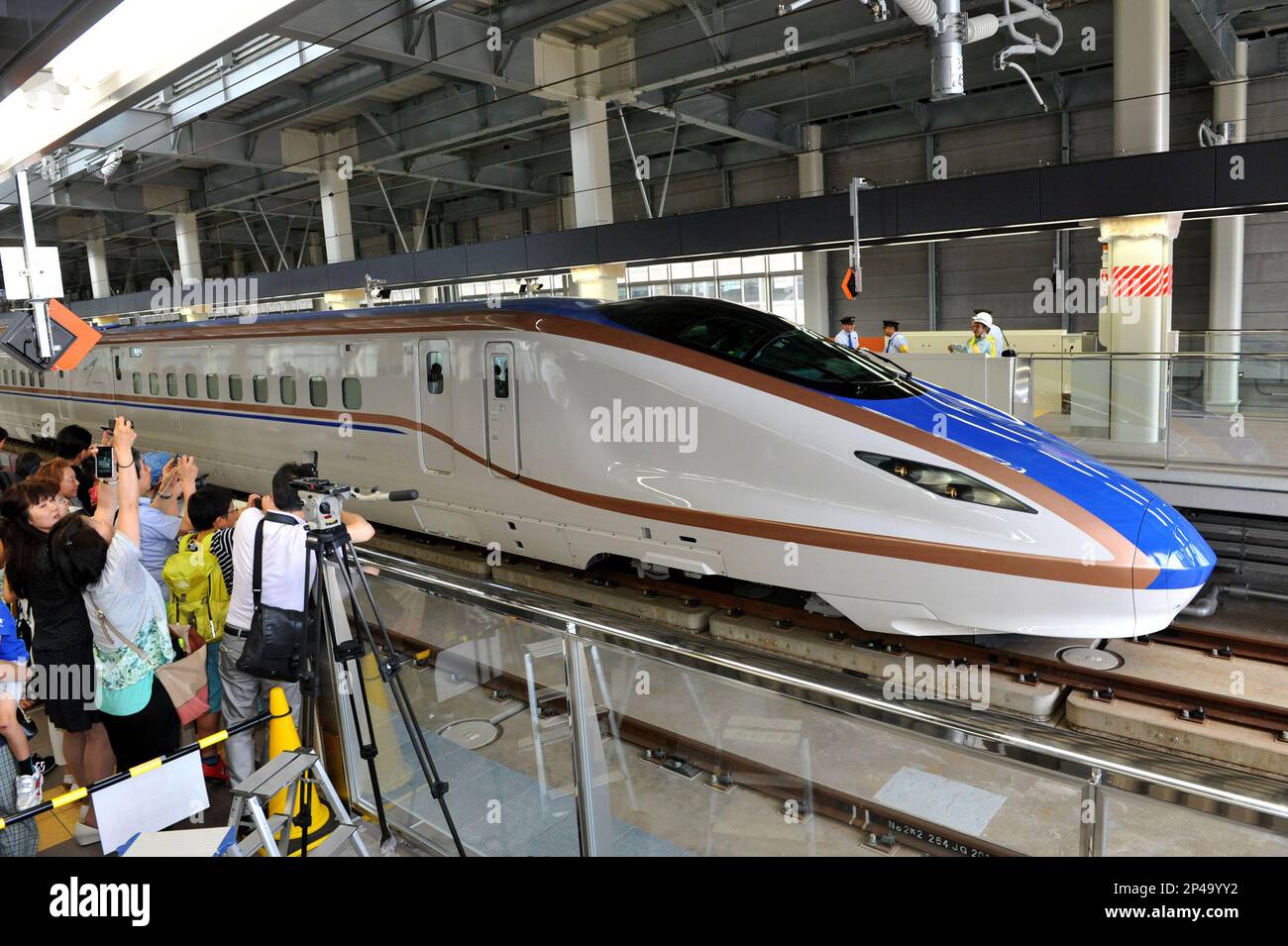 A new bullet train, W7-car of JR West arrives at JR Kanazawa Station ...