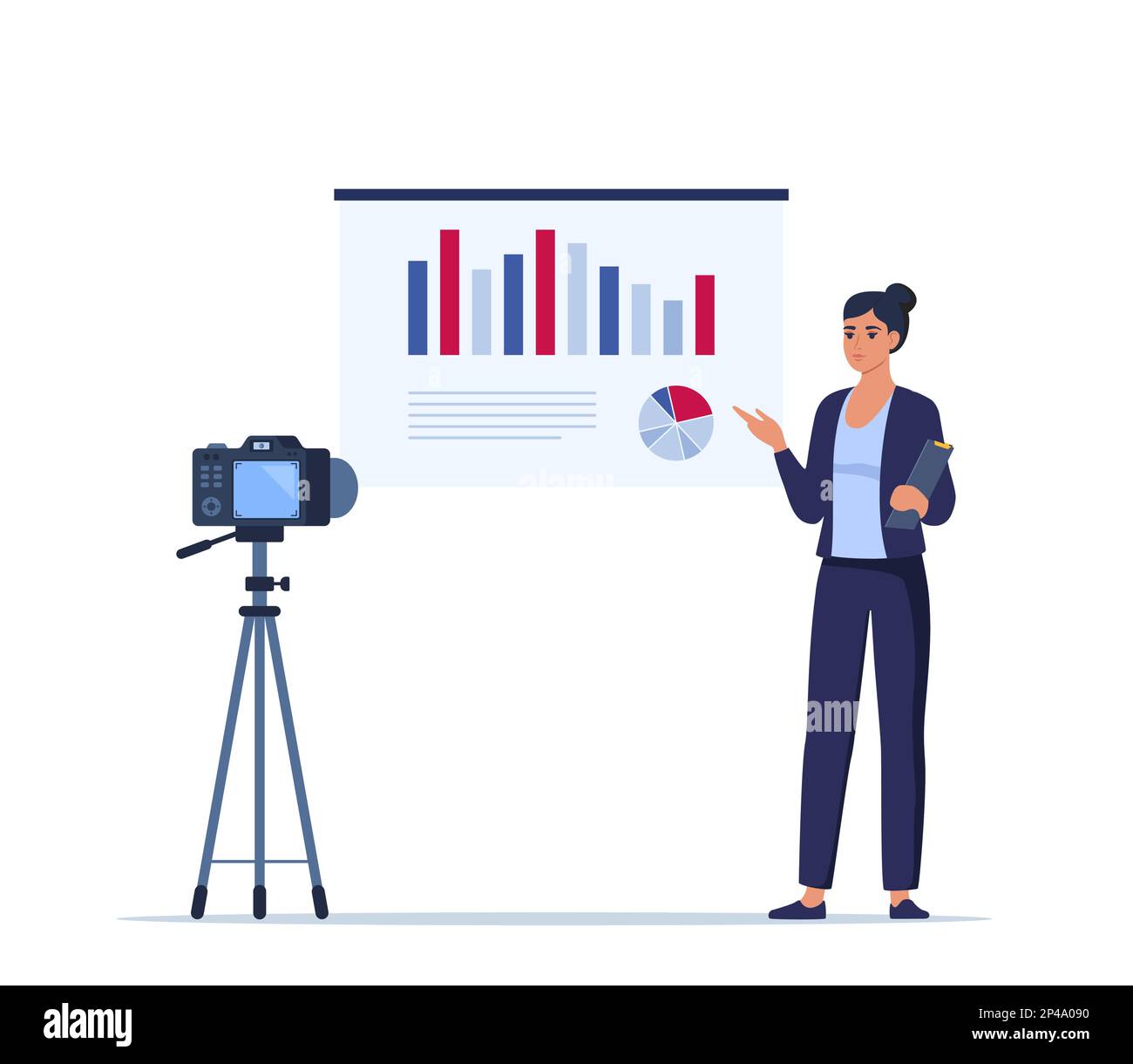 Business woman presenting new project on camera. She is showing graphs ...