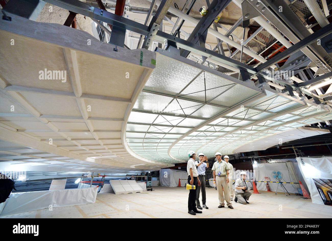 Lightweight ceiling board has been fixed with steel joints to make the ...