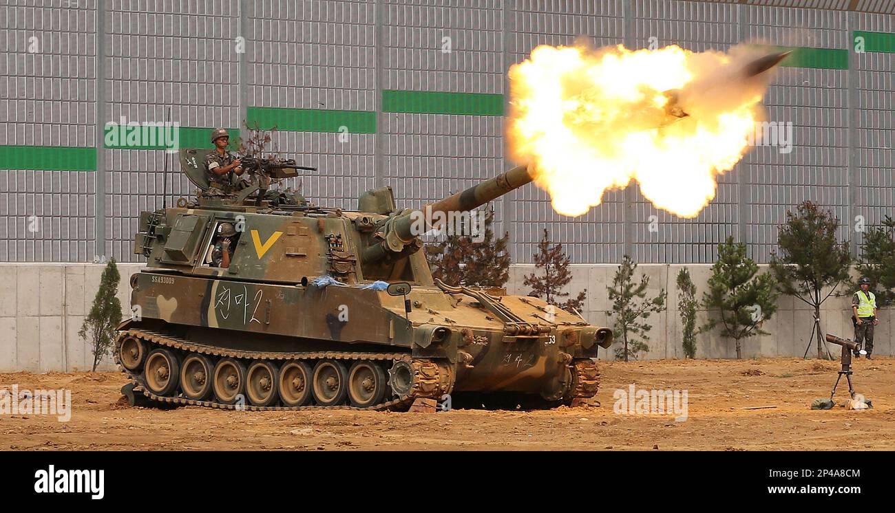 A South Korean army's K-55 A1 self-propelled howitzer fires during a ...